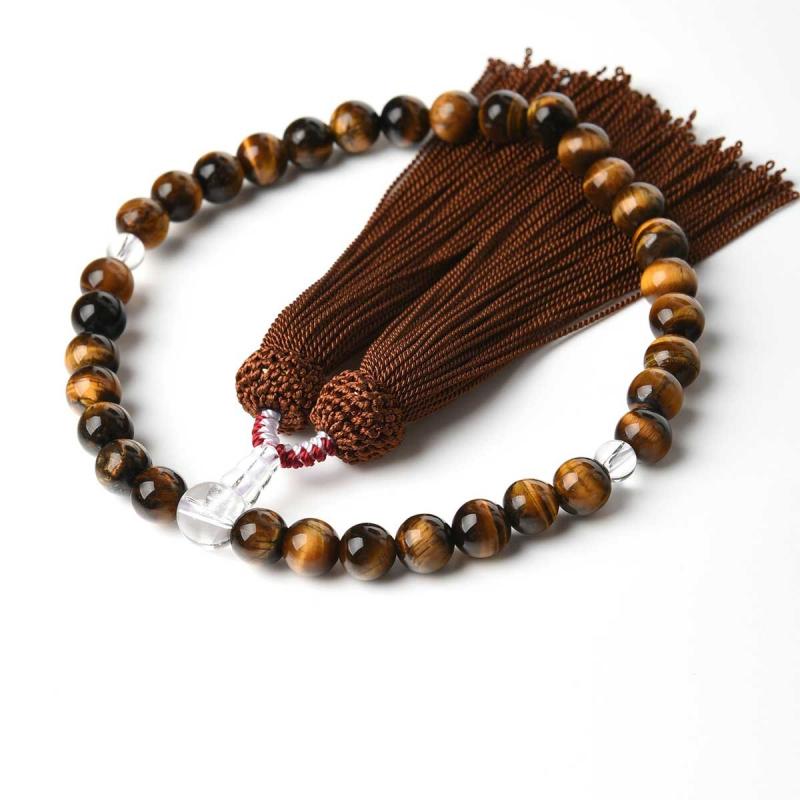 [EsuonHappiness] 数珠 男女兼用 数珠袋付き 天然石 念珠 タイガーアイ 8mm [虎目石/本水晶]主珠：虎目石8mm　親玉：本水晶10mm　二天：本水晶6mm 房:頭付人絹房付属品:商品用ポーチ付宗派:どの宗派の方でもお使...