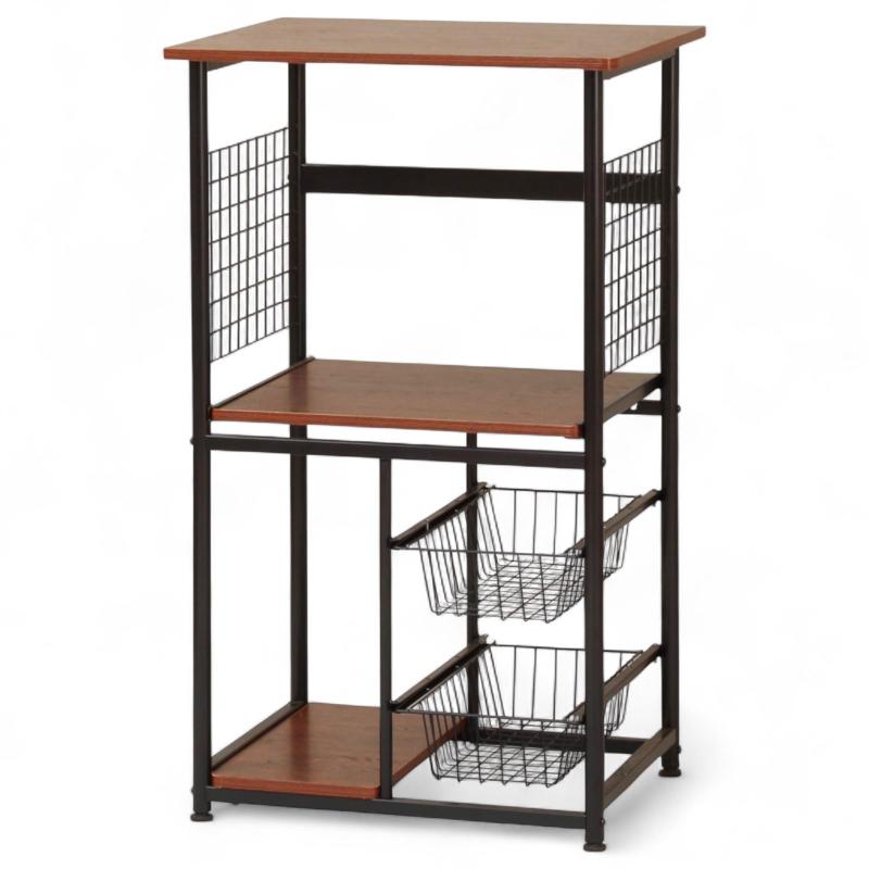 J-kitchens キッチンラック 棚 ブラウン ラック 棚商品サイズ:W600×D460×H1000 mm天板・棚板：MDF(15mm厚) PVC貼り フレーム：スチール(φ25mm) 粉体塗装●カゴと中棚は、スライド機能付です。耐荷重...