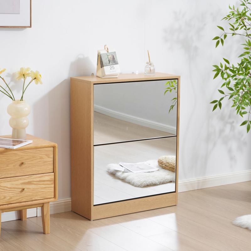 OSJ ミラー付 シューズラック 5段 薄型 スリム 奥行17【玄関を彩る洗練のアートピース】鏡張り仕上げが放つ煌めきと、繊細な木目の立体感が、玄関空間に瞬時にエレガントな雰囲気を纏わせます【全身鏡の機能で、自己表現の完成度を向上】出かける...