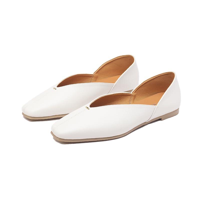 [Minax] パンプス レディース スクエアトゥ フラットパンプス Vカット ぺたんこ 靴 歩きやすい 履きやすい 柔らかい サッと履ける オフィス 美脚 旅行【すっきり見えのスクエアトゥ × Vカットデザイン】広めの履き口とVカットのシ...