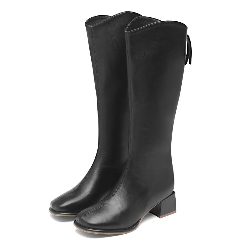 [Minax] ロングブーツ レディース 歩きやすい スクエアトゥ ストレッチ チャンキーヒール バックファスナー 通勤 通学 コスプレ 黒 ブラウン 春秋冬 美脚 823長めの筒丈はひざ下全体をカバーして脚を細長く見せてくれるので美脚効果...