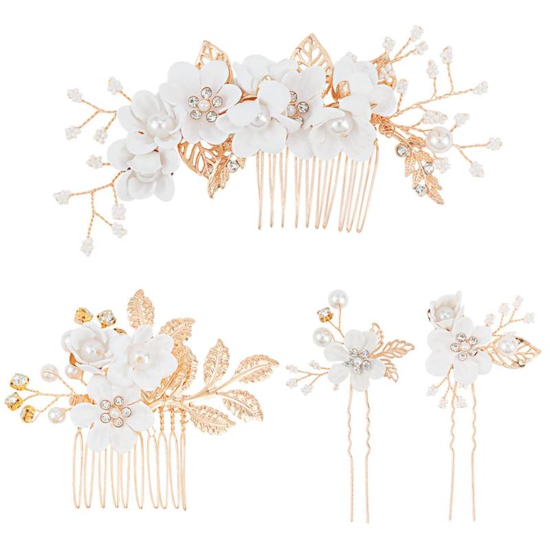 harukita 髪飾り ヘッドドレス ヘアバンド ヘアコーム ヘアアクセサリー 和装髪飾り 髪留め 花冠 花嫁 ウェディング 成人式 七五三 ドレス 造花飾り パール ゴールドセット内容：コーム×2+Uピン×2、共に4点セット。カラー：ホ...