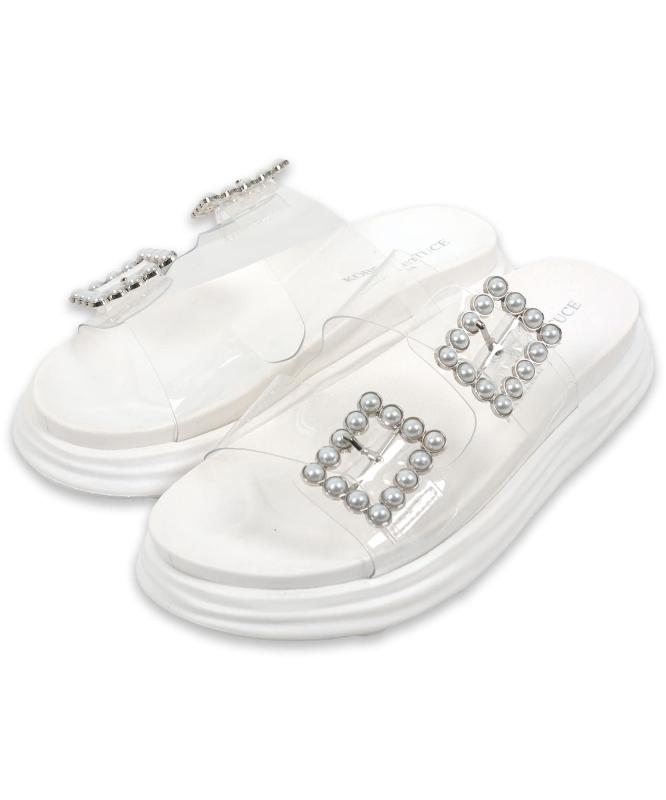 [神戸レタス] レディース サンダル ビジュー厚底サンダル スリッパ 厚底 ビジュー ダブルベルト サンダル [I2563]ビジューバックルがアクセントとなっており、足元に華やかさをプラスしてくれる一足。スポサンよりもシックでガーリーな雰囲...