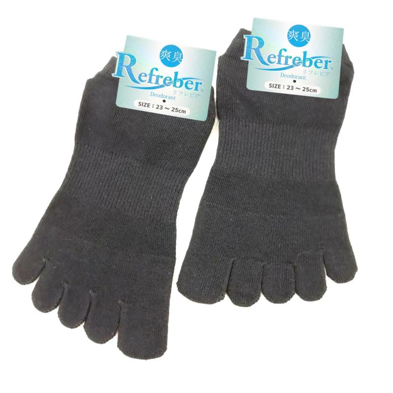 [アプローズ] 3足セット 5本指 スニーカー丈 ソックス 消臭 Refreber 靴下シンプルな平編みかかと付き黒無地5本指スニーカー丈ソックス足底土踏まずサポート付きもっともニオイが発生しやすいつま先部分にRefreber消臭繊維を使用...