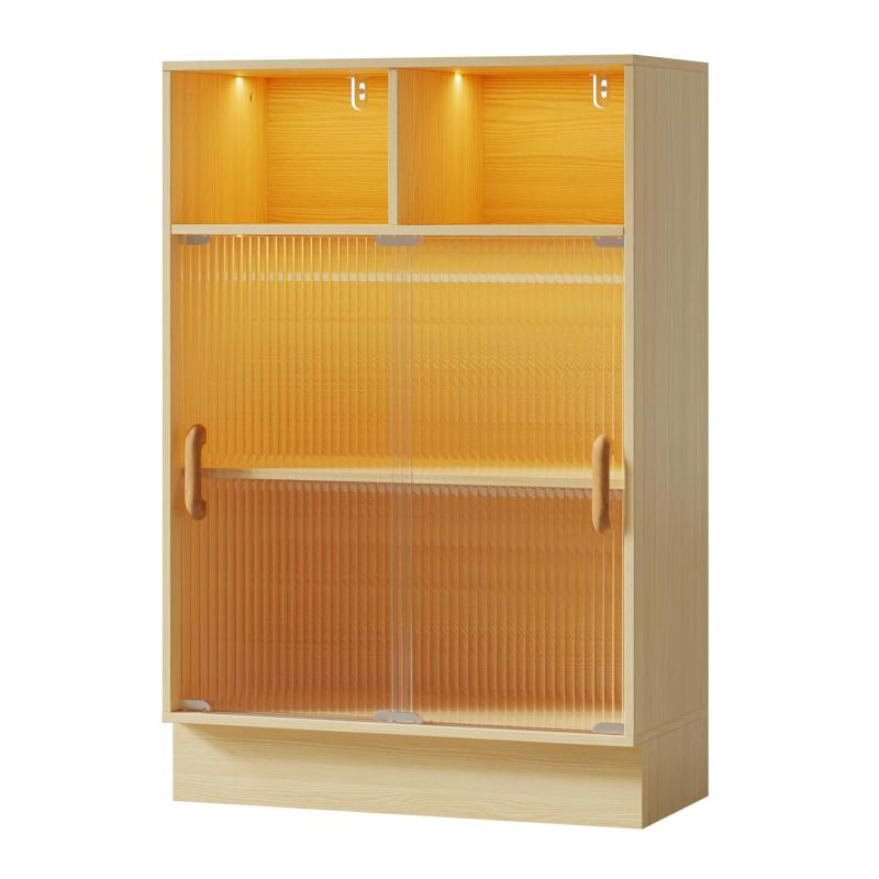 VORIN キャビネット 木製 モールガラス 扉付き LEDライト付き 可動棚 サイドボード リビング収納 食器棚 おしゃれ カウンター下収納 ロータイプ リビングチェスト 北欧 ナチュラル【モールガラスで上品な目隠し】前面はモールガラス仕...