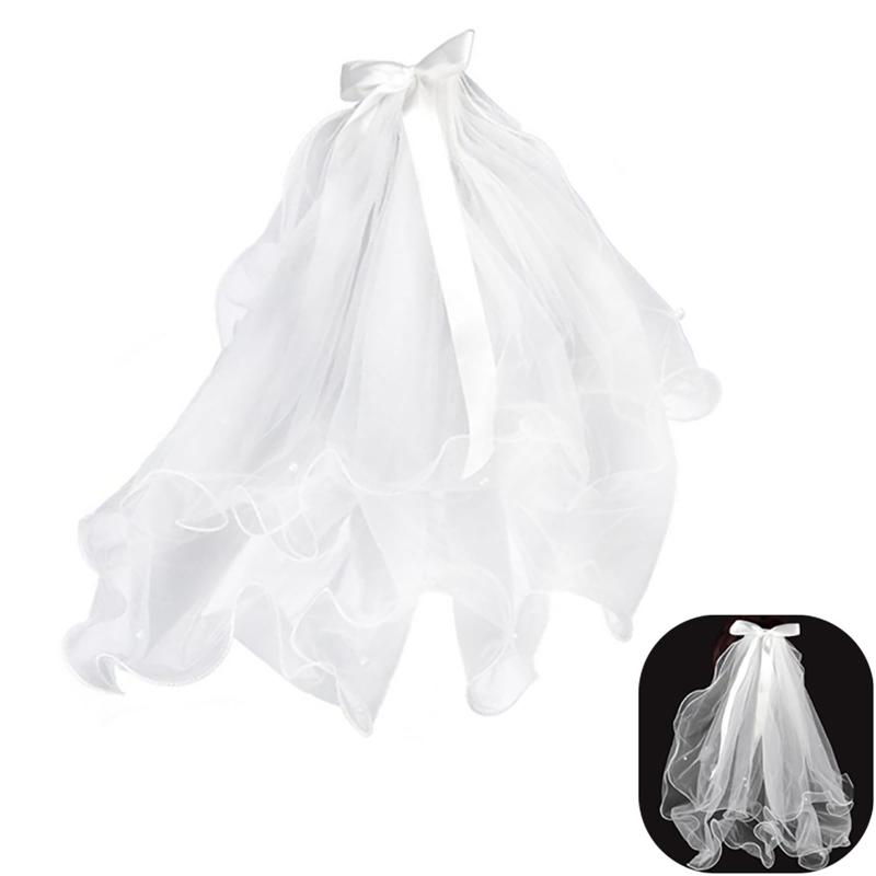 [CHENLONB] ベール ウェディングベール 花嫁ベール 可愛い パール 蝶結び付き波打つ縁 ウエディングドレスの飾り用品 写真 舞台劇 2層ウエディングベール 約60-80cm【上質な素材】質の良いソフトチュール素材を使用し、通気性と...