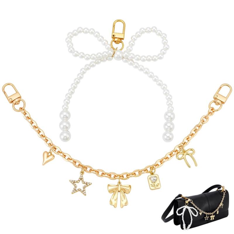 PH PandaHall 2種 30cm バッグチャーム チェーン 12cm パールチャーム パールリボンキーホルダー バッグ 財布 ショルダーバッグ用 ゴールドセット内容：長チェーン1本（30cm）、パール付きキーリング1本（12cm）。...