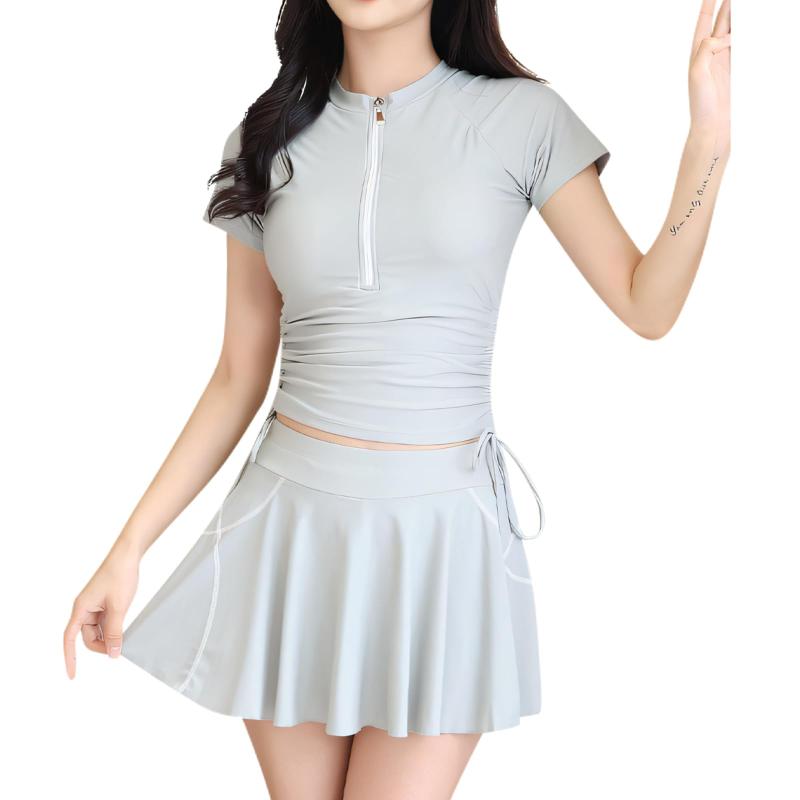 [inotenka] 水着 レディース 体型カバー セパレート 2点セット タンキニ フィットネス 半袖 ラッシュガード 見せパン付き パッド付き ノンワイヤー スカート 学生 水泳 水陸両用 海女性用2点セット水着：タンキニ上下セット（半...