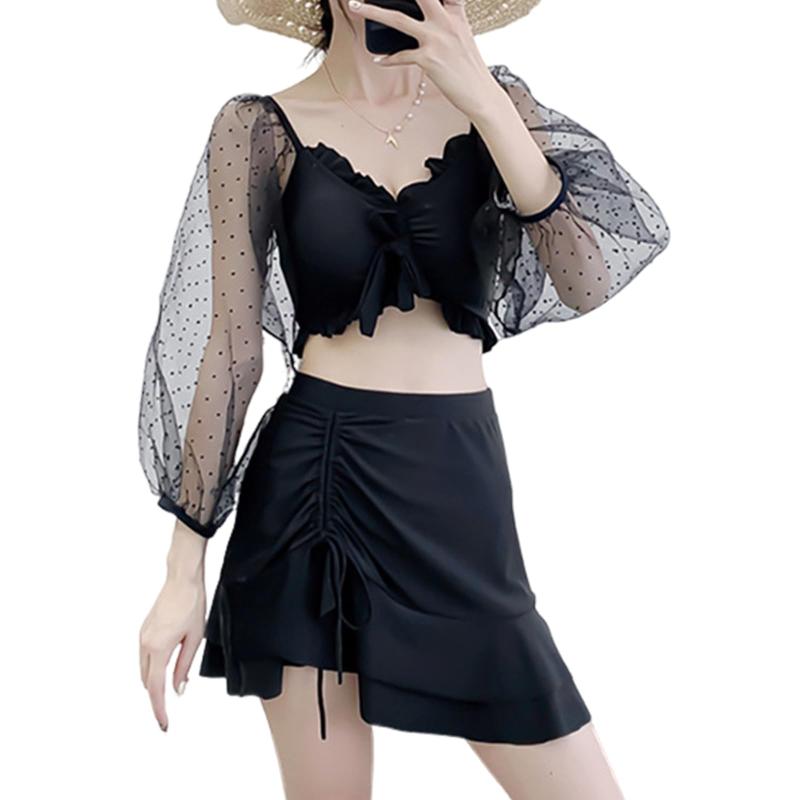 [MlleeSSeeldyTRC] 水着 レディース 2点セット 長袖 透け感 タンキニ フリル スリーブ 紫外線対策 ハイウエスト ショートパンツ アフレスカート 上下セット 体型カバー 韓国 温泉水着 旅行 春 夏