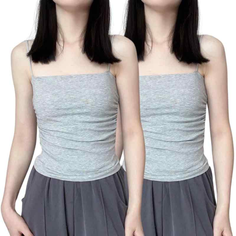 [YasYouRi] キャミソール カップ付き ブラトップ 2枚セット スパゲッティストラップ 見せキャミ 柔らかい 伸縮性 タンクトップ 吸汗速乾 無地 インナー 袖なし 見せる フェミニン