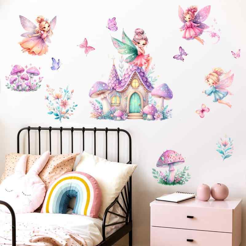 Mansoyun 魔法の妖精と可愛いキノコの家 ウォールステッカー, 取り外し可能, 子供部屋装飾, 蝶と花のデザイン, 防水 壁紙シール 壁 装飾 wall décor ステッカー はがせる おしゃれ,女の子 部屋・サイズ：受取ウォールス...