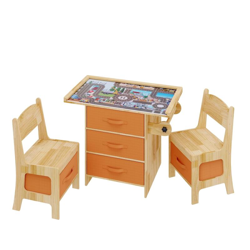 VORIN キッズデスク 机 椅子 セット 無垢材 チェア2点セット おもちゃ収納付き 学習机 幼児 キッズテーブル 子ども椅子 2歳〜 誕生日プレゼント 保育園用 ナチュラル × オレンジ「天然無垢材で優しい手触り」机・椅子ともに天然無垢...