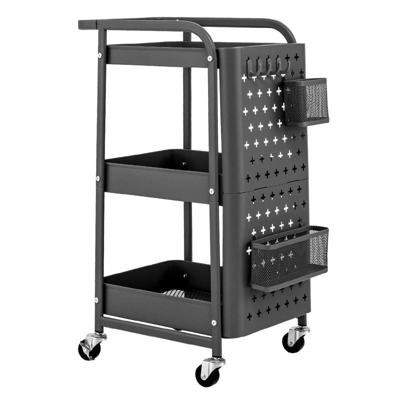 Goplus キッチンワゴン 3段 収納カート キャスター付き 取っ手付き 便利に運ぶ ペグボード付き フック付き 収納バスケット付き 収納力 耐荷重20kg/段 キッチンカート 収納ラック 収納ワゴン 収⭐ 本体サイズ：幅52x奥行33x...