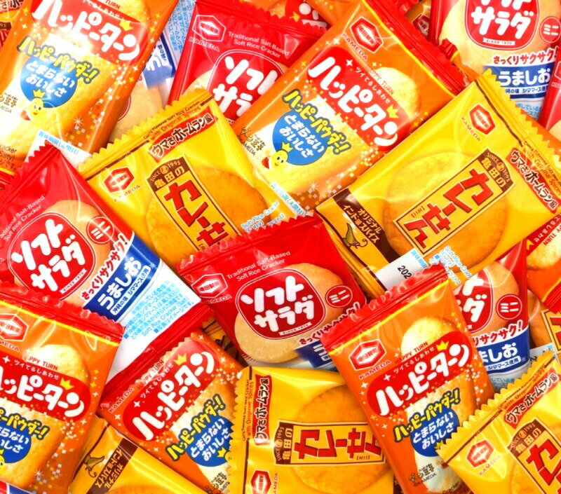 内容量：3種300袋 商品名：1枚ハッピーターン(100袋）1枚カレーせんミニ（100袋） 1枚ソフトサラダ（100袋） 1枚づつ個包装になっているので企業イベントやお祭り等の配りもの、 ※弊社内にてアソートにして発送いたします。