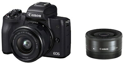 【商品名】Canon ミラーレス一眼カメラ EOS Kiss M ダブルレンズキット ブラック EOSKISSMBK-WLK（中古品）中古品の特性上、外箱,取り扱い説明書等は基本的には付属いたしません（付属しているものもございます）。商品と...