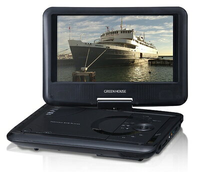 【商品名】グリーンハウス ポータブル DVD プレーヤー 9型 ワイド液晶 (800×480) 搭載 (車載用ヘッドレスト取り付けキット付属) 単3形乾電池対応 ブラック GH-PDV9L-BK（中古品）中古品の特性上、外箱,取り扱い説明書...