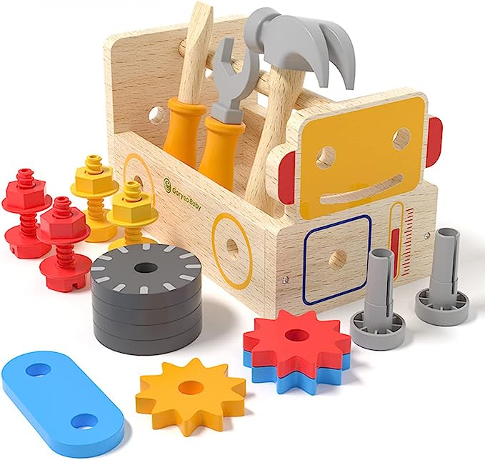 【様々な道具が入った木製子供用工具セット】木製工具箱のおもちゃには、木製ドライバー、木製歯車 、木製ハンマー 、木製スパナレンチ、 きづち 、木製ドライバーなどの工具があります。お子様はさまざまな遊びを探 索できます， ツールを使いこなし、...