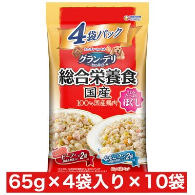 商品名ユニ・チャーム グラン・デリ 総合栄養食国産パウチ ほぐし成犬用なんこつ入り×ビーフ入り 65g×4袋 ×10袋セット商品規格65g×4袋 ×10袋セット商品説明・良質な国産鶏肉を調理した、おいしい鶏ささみ入りのレトルトパウチです。 ...