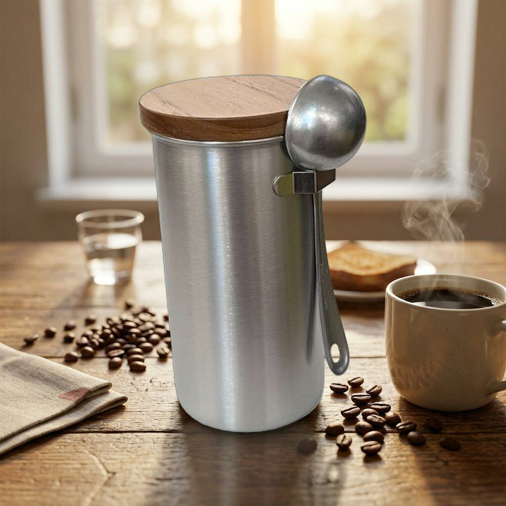 シリーズステンレスコーヒーキャニスターサイズ88 × φ85× H158mm内容量 220g（粉220g、コーヒー豆200g）材　質 18-8ステンレス(本体）、 天然木・ウレタン塗装(木蓋 )、ステンレス・ダメージ加工（メジャースプーン)...