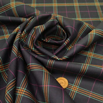 商品名：ウール 先染め梳毛生地 チェック柄 素　材：ウール 100% 生地幅：145cm カラー：ネイビー ウール100%のチェック柄の梳毛生地です。ベースはネイビーで、明るいブラウン・グリーン・パープルのチェック柄です。約7cm × 約6...