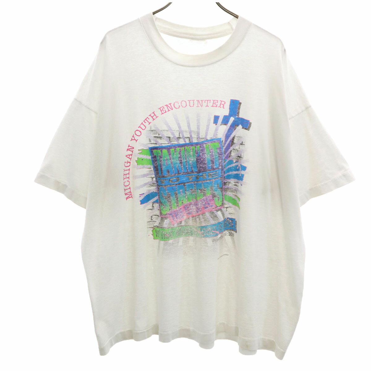 90s オールド TAKIN' IT TO THE STREETS 半袖 Tシャツ ホワイト シングルステッチ メンズ 【詳細】 所々に穴とシミ汚れ、脇の生地が薄くなっています。内タグが切り取られておりサイズ、素材共に不明です。実寸も参考に...