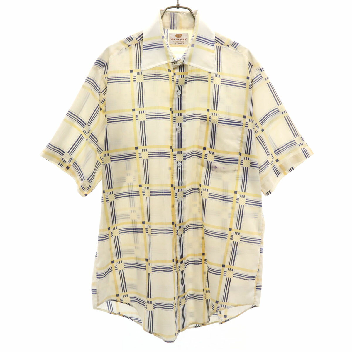 ヴァンヒューゼン 70s ヴィンテージ チェック柄 半袖 シャツ アイボリー VAN HEUSEN メンズ 【詳細】 ポケットと裾にインク汚れ、所々にプリントの薄れがあります。スタンプの薄れでサイズ、素材共に不明です。実寸も参考にお願いしま...