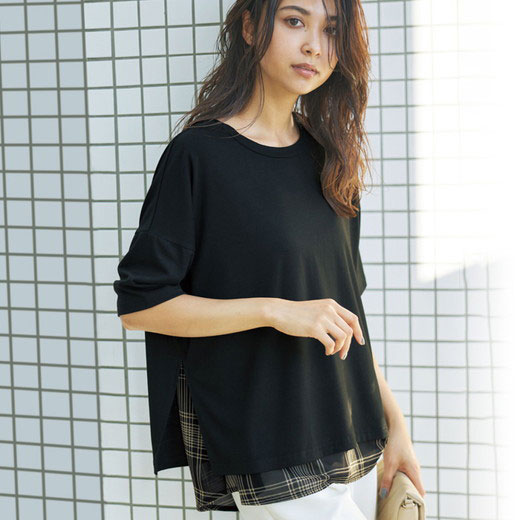 ブランド：ラナン身丈前後差7cm品質／ポリエステル65％ レーヨン35％ (チェック部分)ポリエステル100％ (裏地)ポリエステル100％※ 商品によって柄の出方が異なる場合があります。■洗濯機洗いOK裾部分からのぞくシフォンのチェック柄...