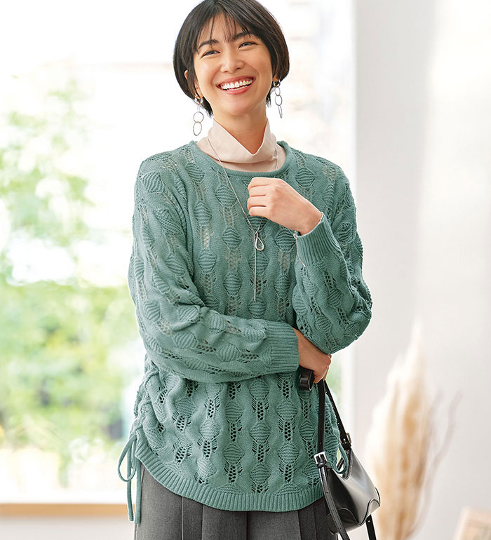 ブランド：Belluna■ 品質／アクリル80％・ポリエステル20％　＊ 身丈はドロストを伸ばした状態の寸法です。■洗濯機洗いOK合わせるインナーで印象が変わる、トレンドの透かし編みニット。裾のドロストでシルエットを調節可能。色：ミント チ...