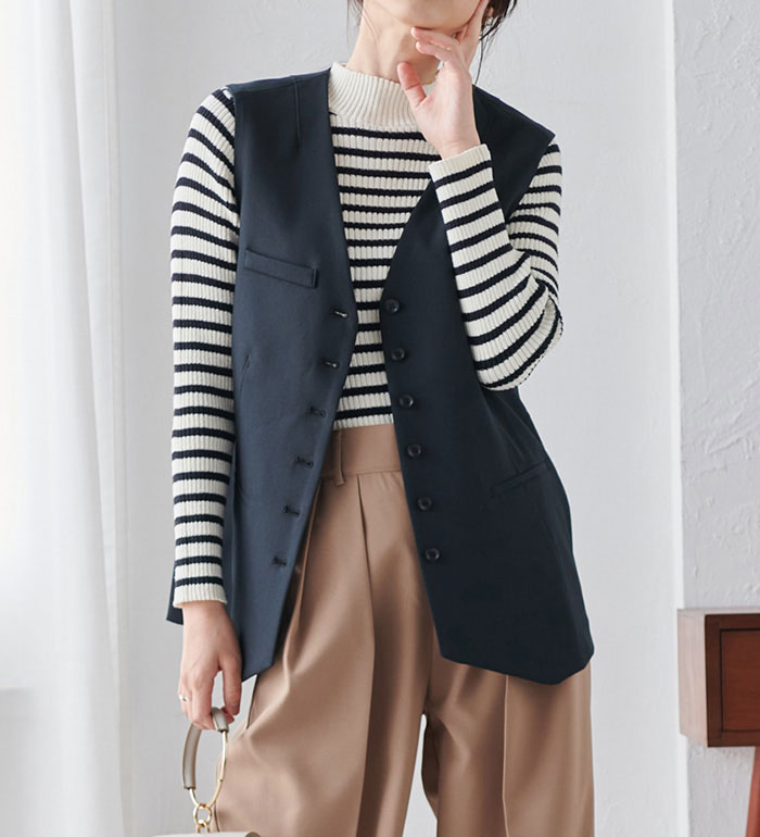 ブランド：ラナン品質／ポリエステル100％飾りポケット有■洗濯機洗いOKオフィスからデイリーまで大活躍！マニッシュな印象のジレもオーバーサイズでカジュアルに羽織れる■point・華奢見え＋こなれ度抜群のゆったり羽織れるオーバーサイズベスト。...