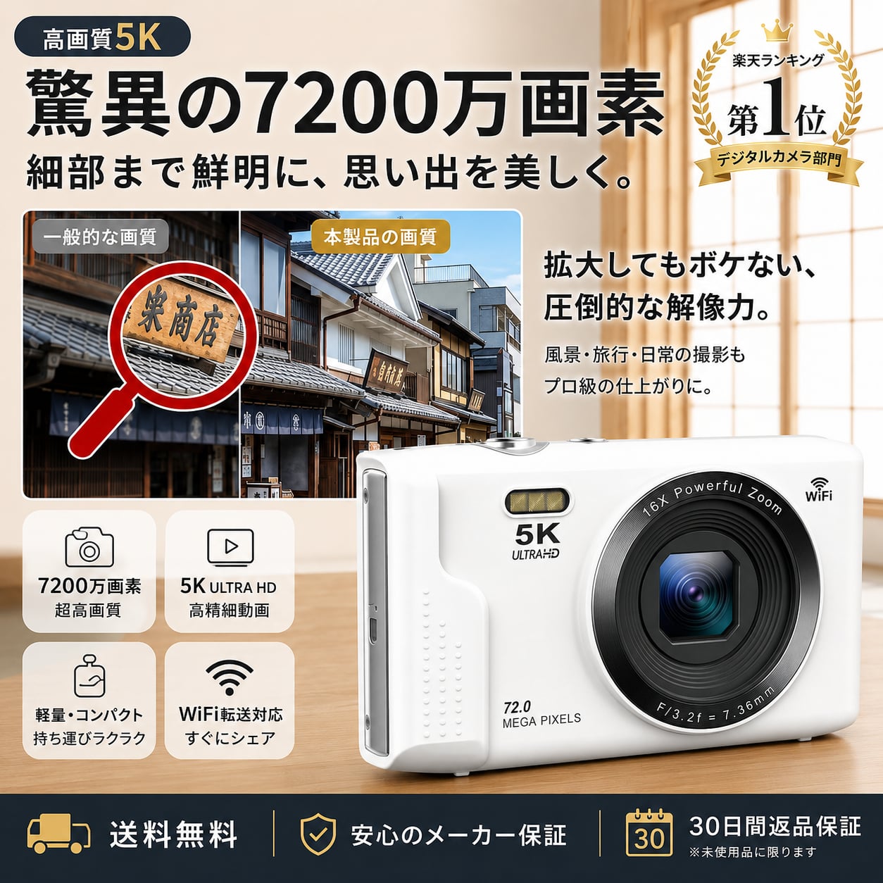 高画質・使いやすさ・デザイン性、そのすべてを兼ね備えた最新モデルの5Kデジタルカメラ。​7200万画素の圧倒的な高解像度により、何気ない日常の一瞬も、まるで作品のように美しく残すことができます。風景の奥行きや光のニュアンス、人物の表情まで細...