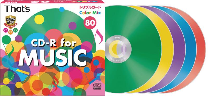 太陽誘電製 That's CD-R音楽用 24倍速80分 5色カラーミックス インデックスカード付 5mmPケース5枚入 CDRA80C5Y5ST規格:CD-R種類:AV用 / 24倍速入数:5盤面印刷:不可