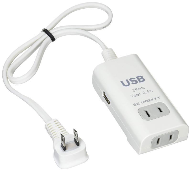 OHM 2口0.5mタップ 2USB付 2.4A HS-T205U2-W 00-1999