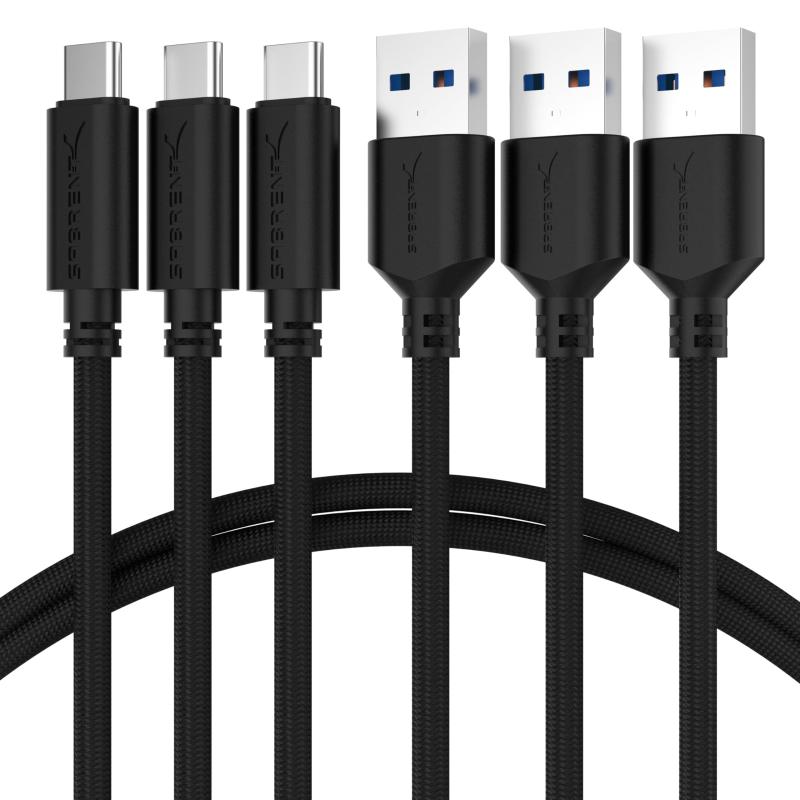 SABRENT 「3本セット」 22AWGプレミアム 1.8m USBケーブル、USB Type-A 3.0 から USB Type-C ケーブル、同期と充電「ブラック」（CB-C3X6）Android携帯電話やタブレット端末の充電、ハード...
