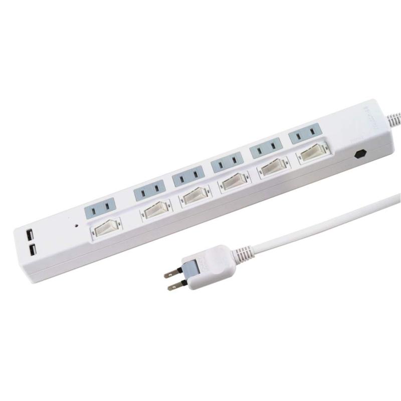 スタイルド USB充電付き 電源タップ コンセント 6個口 USB 2口 (合計3.4A出力 自動識別IC搭載) 雷ガード ブレーカー 個別スイッチ スイングプラグ テレワーク 18ヵ月 (コード2m・1個, ホワイトコンセント6個＋スマホ...