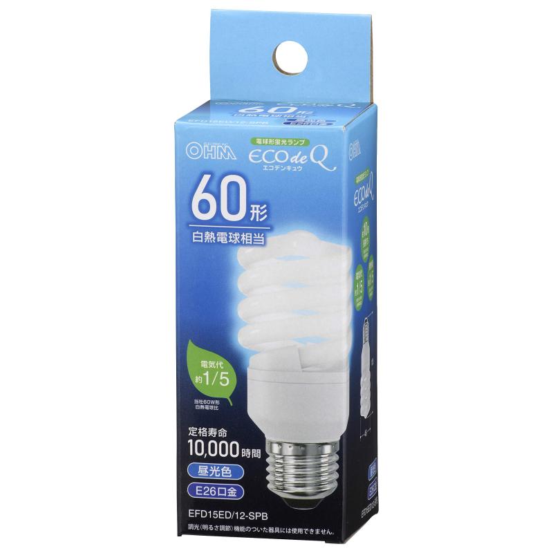 オーム電機 電球形蛍光灯 スパイラル形 E26 60形相当 昼光色 エコデンキュウ EFD15ED/12-SPB 06-3773 OHM定格寿命10000時間で約10倍長持ち当社60W形白熱電球比電気代、発熱量が約1/5当社60W形白熱電球...