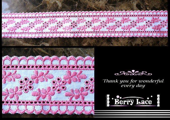 ◆　ITEM　SPEC　◆ 販売単位 1パック＝1.65m巻き ::素材:: 綿（コットン）　100％ ::Color:: 白色生地×ピンク刺繍 ※画像3枚目の色が実物に近いです。 ::Size:: 約　4.8cm ::Memo: ※ナチュ...
