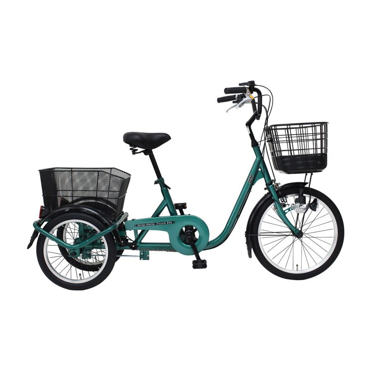 定番の前輪20インチサイズの三輪自転車。 前後の大型バスケットは、合わせて70Lの大容量！！ 鮮やかなグリーンが魅力的です。 ●Mimugoの安心サポート 人に優しい3大安心 1.生産物賠償責任保険(PL保険加入済) 万が一の時の対応も安心...