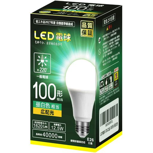 本体サイズ:外径60mmx高さ116mm、本体重量(kg):0.118 定格電圧:100V、定格消費電力:12.5W 全方向に広がる配光角 約260度 色鮮やかRa85 屋外器具・断熱材施工器具対応 光色:昼白色相当 口金E26 定格寿命:...