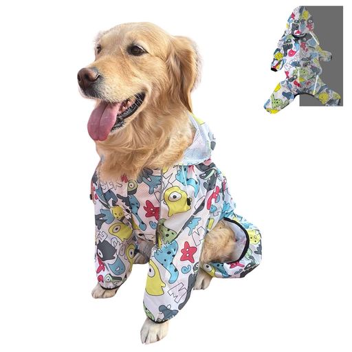 行動 【梅雨時期のお散歩に】 便利なリード穴付き、犬用リードと一緒に使うと、雨の日でも愛犬との散歩することができます。全身を覆ってくれるレインコートです。お腹も脚も、しっかりカバーできます。帽子はドローコードで調整可能で、頭ブルブルを振って...