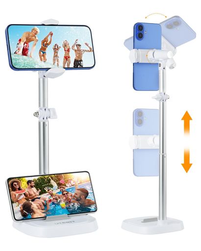 【スマホスタンド卓上高さ調整30cm-45cm】一般的な携帯電話ホルダーとは異なり、高さの調節に改良・加工を施しています。卓上スマホスタンドは30cm-45cmに調節可能、携帯電話が回転することで幅広い角度に対応し、デッドスペースがなく、安...