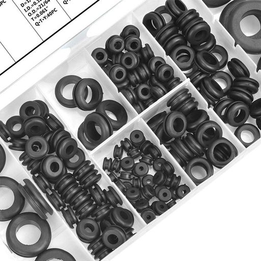 全8サイズのゴムブッシング180個セット(収納ケース付き) 数・サイズ:5pcs-7/8"(22mm)、40pcs-3/8"(9.5mm)、5pcs-5/8"(16mm)、40pcs-5/16"(8mm)、40pcs-1/4"(6mm)、2...