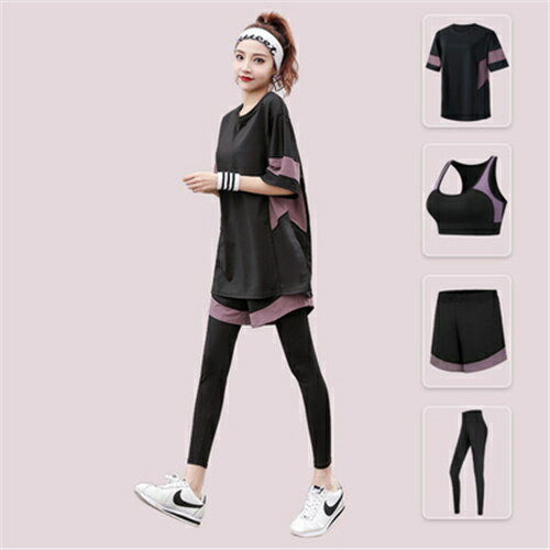【商品説明】 ●セット内容：パンツ、スポーツブラ、半袖Tシャツ、ショートパンツ。 ●素材：ポリエステル88%、ポリウレタン12%。 ●うれしい吸汗速乾。汗を素早く吸収して、外へ逃がすのでいつも快適に過ごせます。 ●抜群の伸縮性とフィット感で...
