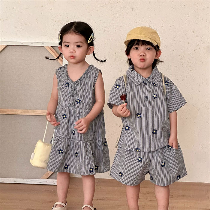 子供服 リンクコーデ 兄妹 お揃い 兄妹おそろい セットアップ ワンピース 刺繍 ストライプ 前後両用 姉弟コーデ 夏服 夏 キッズ 女の子 男の子 上下セット 半袖シャツ ショートパンツ リゾート ベビー かわいい おしゃれ 旅行 ハワイ...