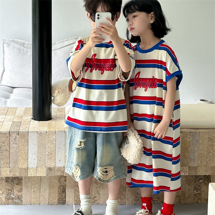 子供服 兄妹お揃い 兄妹おそろい ストライプ tシャツ ワンピース 半袖 トップス Tシャツ 姉弟コーデ リンクコーデ 姉妹 兄妹 姉弟 兄弟 夏 キッズ 女の子 男の子 ベビー かわいい おしゃれ ゆったり カジュアル 出産祝い 誕生日 ...