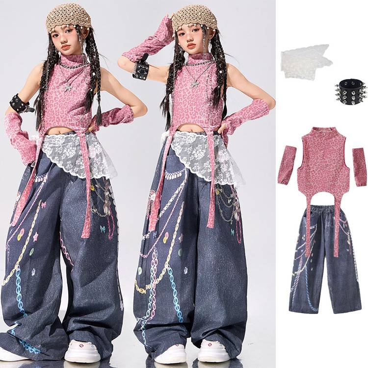 ダンス衣装 ヒョウ柄 キッズ ダンス衣装 ヒップホップ セットアップ 子供服 女の子 k-pop ヒョウ柄 ガールズ へそ出し ノースリーブ 袖なし トップス 夏服 ロング丈 デニムパンツ ゆったり おしゃれ ジャッズダンス 演出服 ステー...