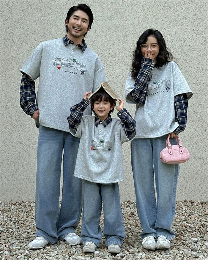 親子 ペアルック 親子ペア フェイクレイヤード プルオーバー リンクコーデ 親子コーデ 家族ペアルック 親子お揃い 韓国風 秋服 スクール風 チェック袖 カジュアル ファミリールック トップス ママと子供 メンズ レディース キッズ 大きい...