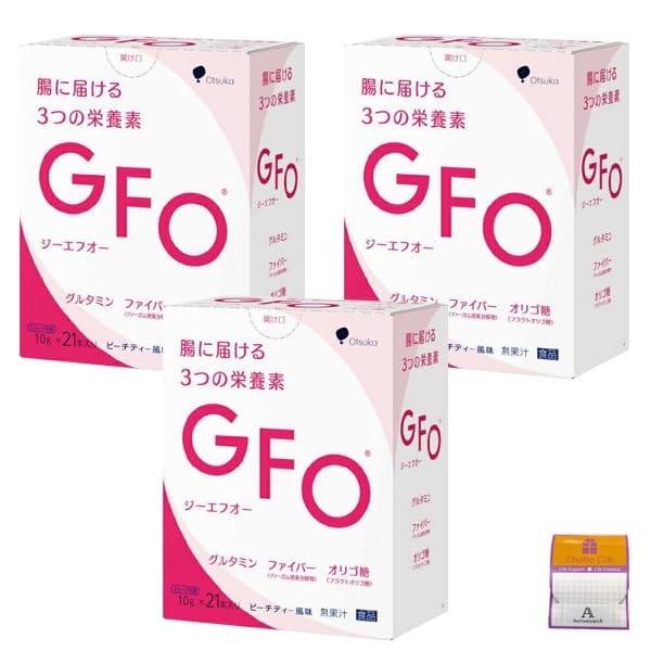 GFOはグルタミン、ファイバー、オリゴ糖を含有する粉末清涼飲料です。それぞれの頭文字から商品名をGFOとしました。腸に三つの栄養素。ピーチティー風味です。【グルタミン】アミノ酸の一種で、生体内では最も多いアミノ酸。 特に腸管での消費が多く、...