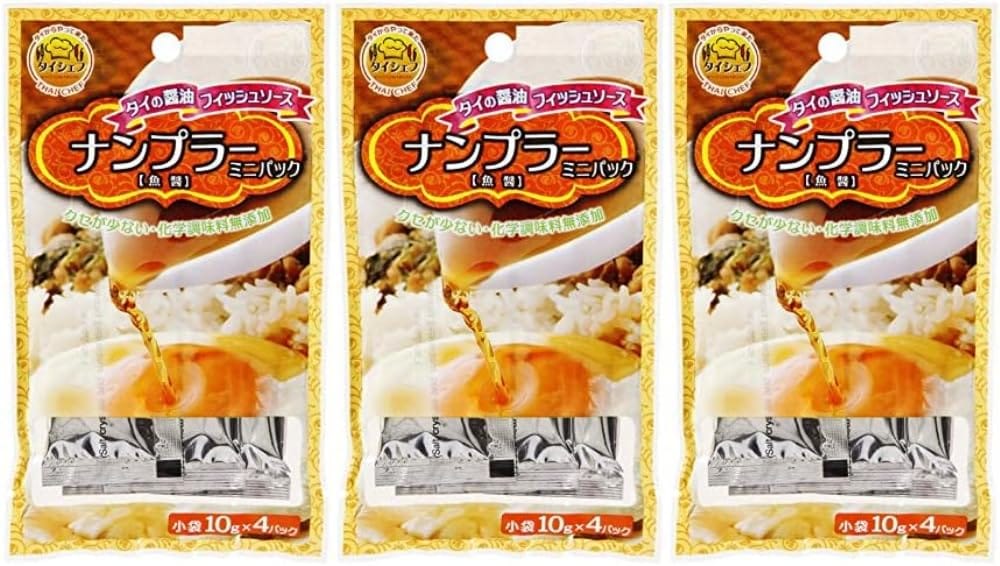 名称：ナンプラー(魚醤)内容量：10g×4パック原産国：タイ 商品紹介 小鰯を主な原料とした魚醤でタイ料理の基本調味料の一つ。24ヶ月じっくり熟成させ、クリアな上澄みだけを使用しているため、旨味はたっぷりなのにクセの少ないこだわりのナンプラ...