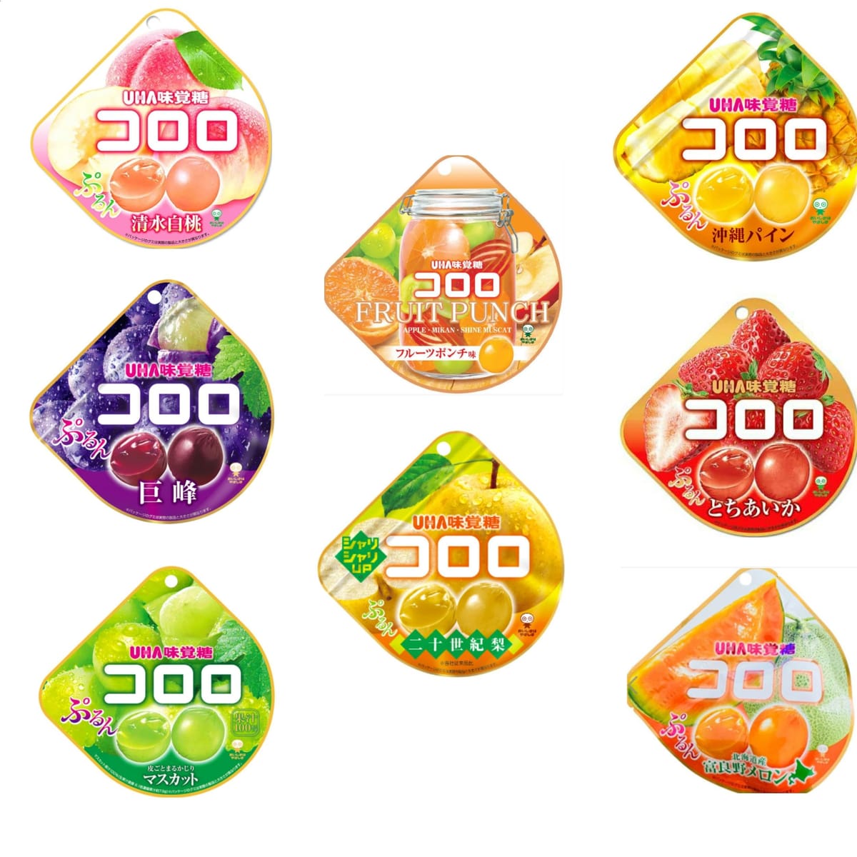 グミ コロロの8種セットとなります。食べ比べをお楽しみください！ 巨峰 シャインマスカット 清水白桃 富良野メロン 沖縄パイン 二十世紀梨 　とちあいか フルーツポンチ 【巨峰】 原材料：果糖ぶどう糖液糖（国内製造）、砂糖、水飴、濃縮果汁（...