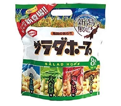 新潟限定　うま塩味、えだ豆味、海老しお味、カレー味アソートセットパック サラダホープとは半世紀を超えて親しまれている「サラダホープ」はひとくちタイプのあられでさくさくの生地とまろやかなしおあじが止まらない美味しさが特徴です。誕生は1961年...